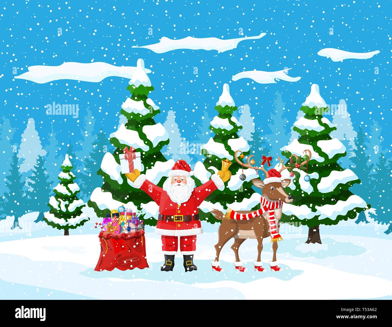 Christmas background. Santa claus with reindeer. Winter landscape with ...