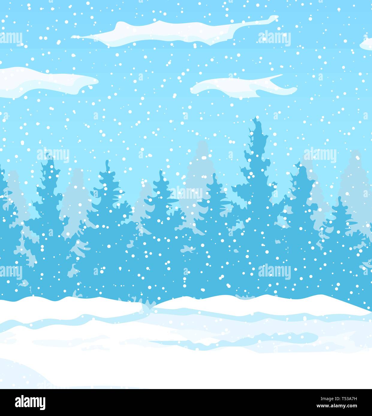 Winter landscape silhouette with white pine trees on snow hill ...