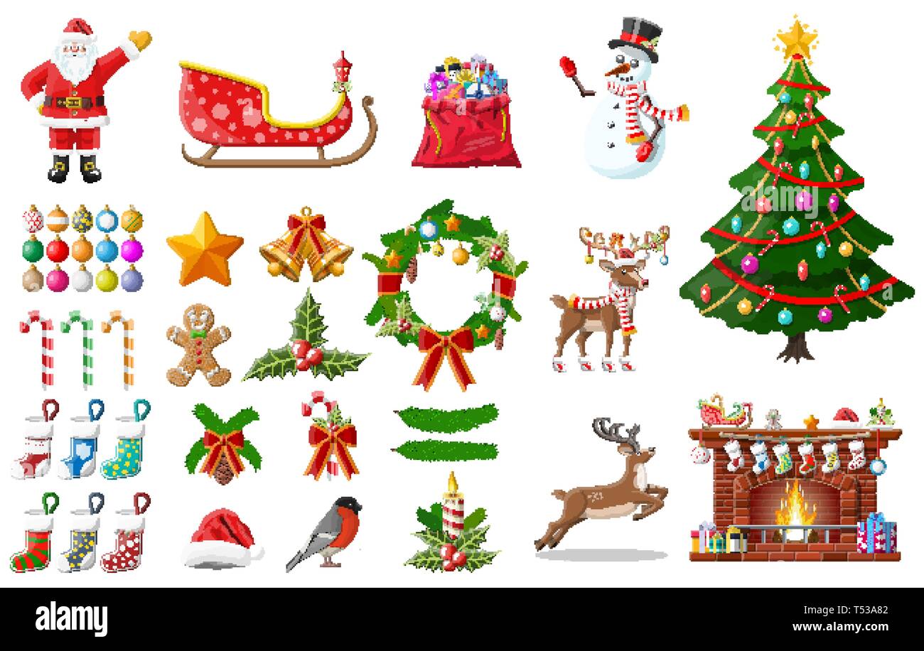 Christmas new year set. Santa claus, snowman, tree, reindeer, stockings ...