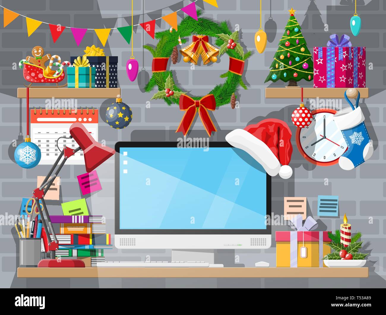 Christmas or new year office desk workspace interior. Gift box ...