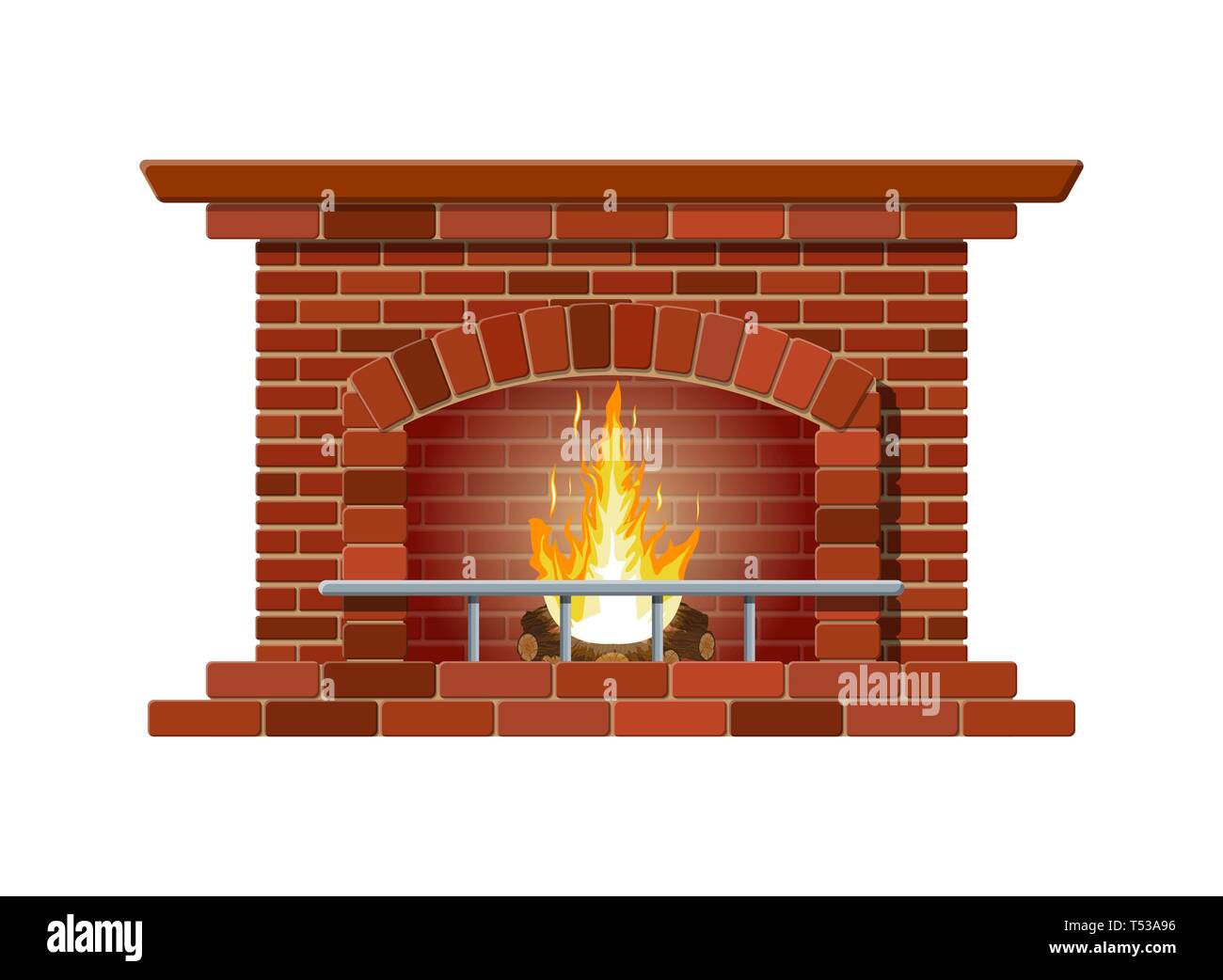 Winter interior bonfire. Classic fireplace made of red bricks, bright ...