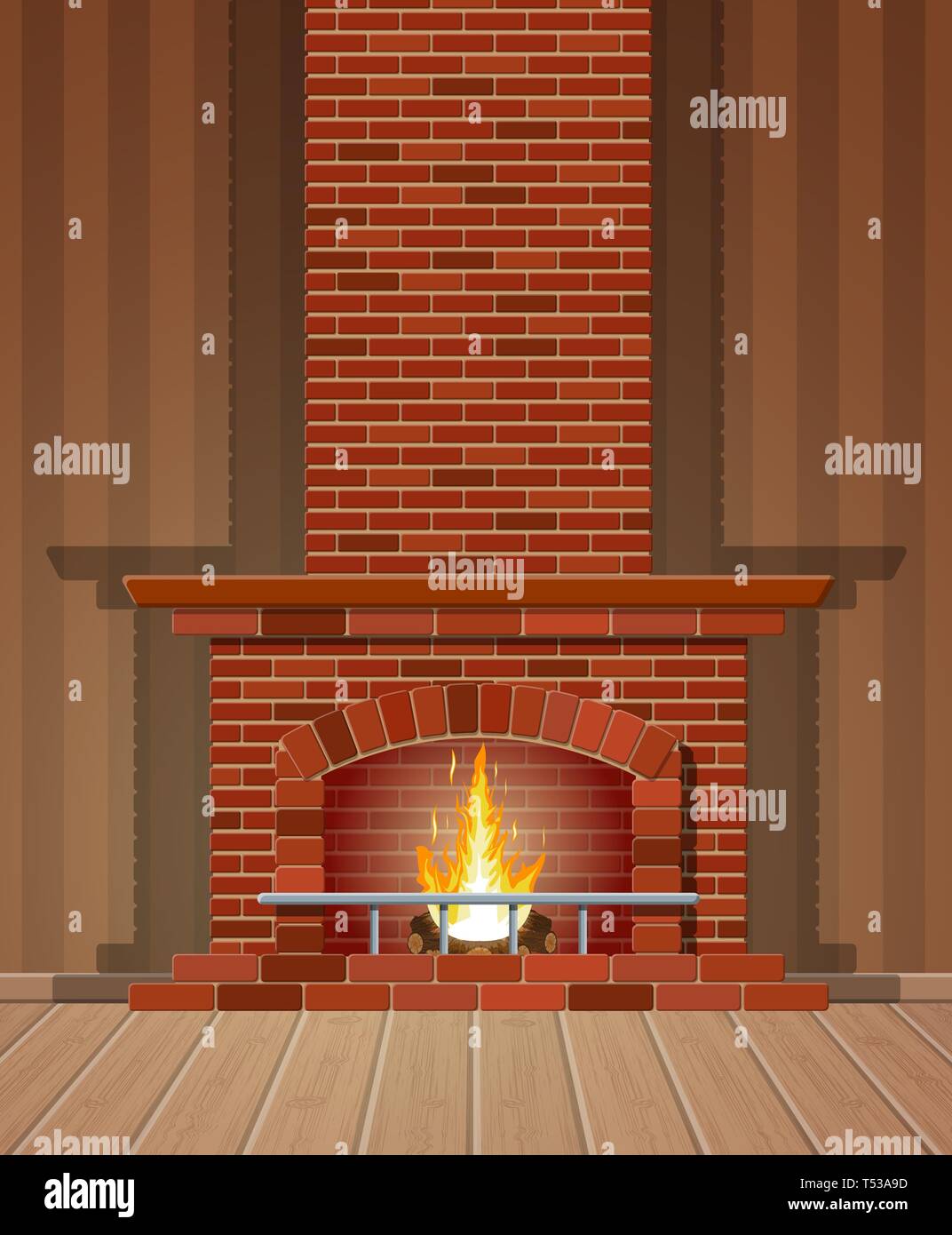 Winter interior bonfire. Classic fireplace made of red bricks, bright ...