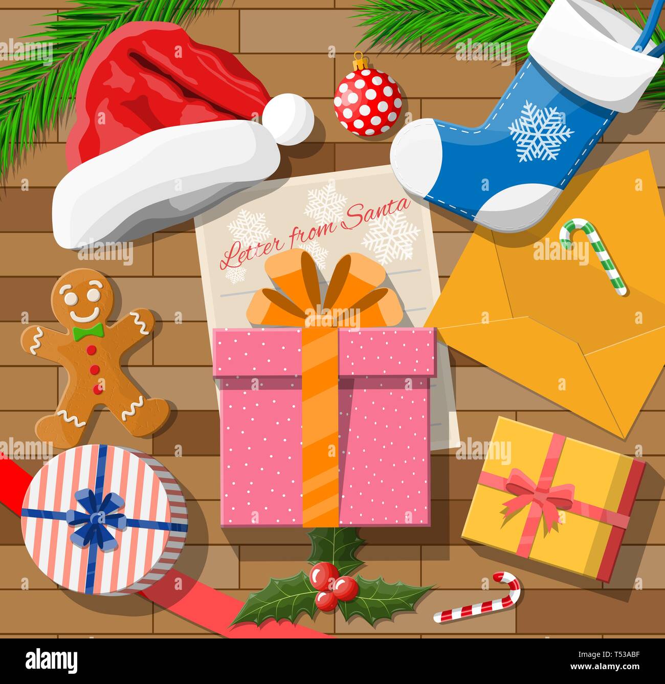 Letter from santa claus. Wooden desk gift boxes, candycane, envelope ...