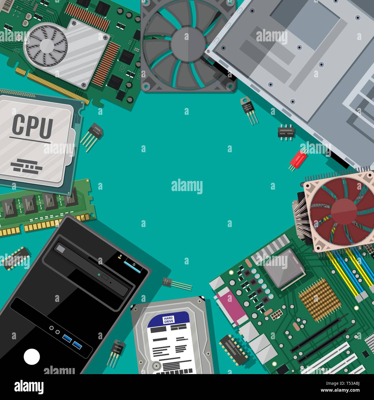 Motherboard, hard drive, cpu, fan, graphic card, memory, screwdriver ...