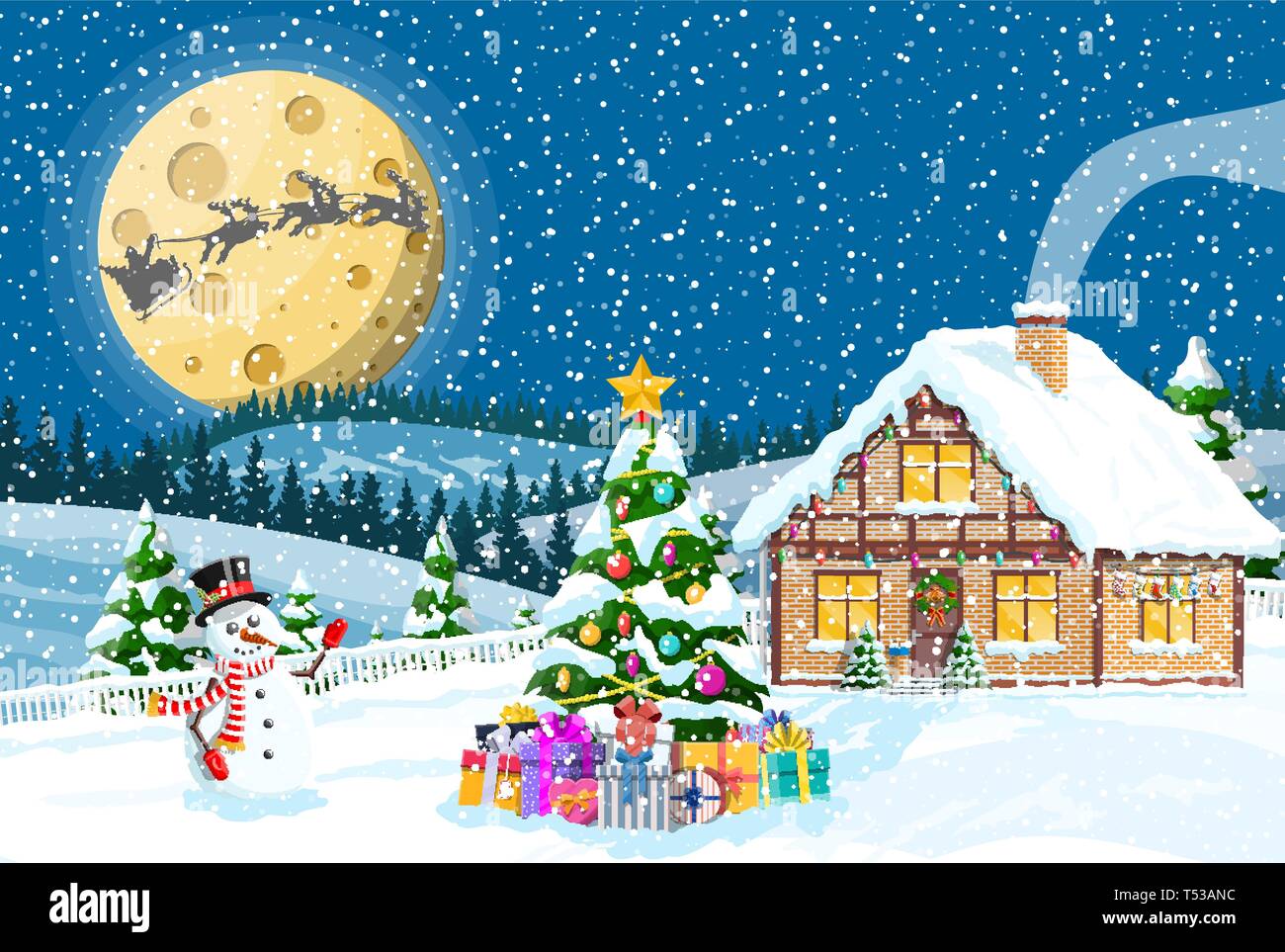 Suburban house covered snow. Building in holiday ornament. Christmas ...