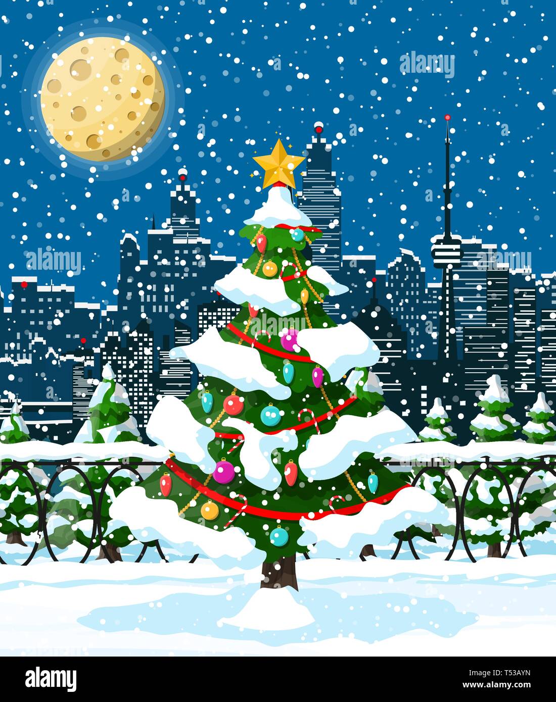 Christmas winter cityscape, snowflakes and trees. City park snow alley ...