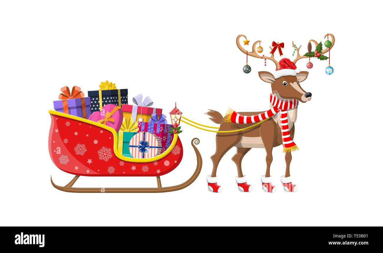 Santa claus sleigh full of gifts and his reindeer. Happy new year ...