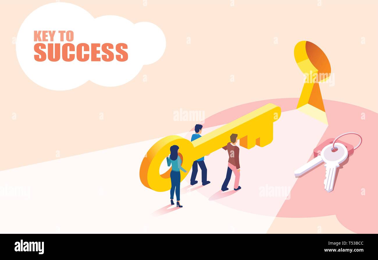 Isometric vector of group of people business team lifting key to ...