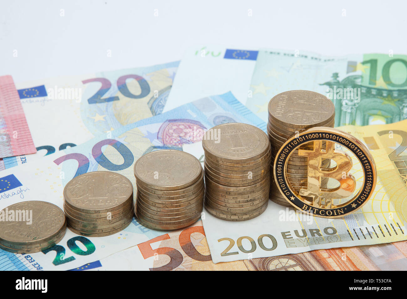 Financial growth concept. Histogram with coins and Bitcoin in euro ...