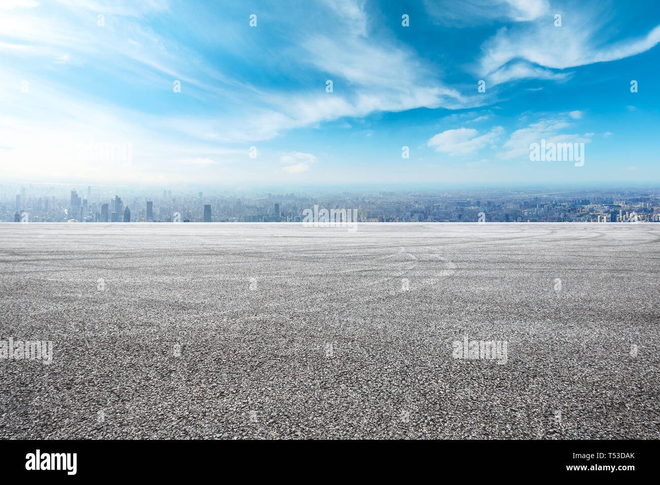 Shanghai city skyline and asphalt race track ground scenery,high angle ...