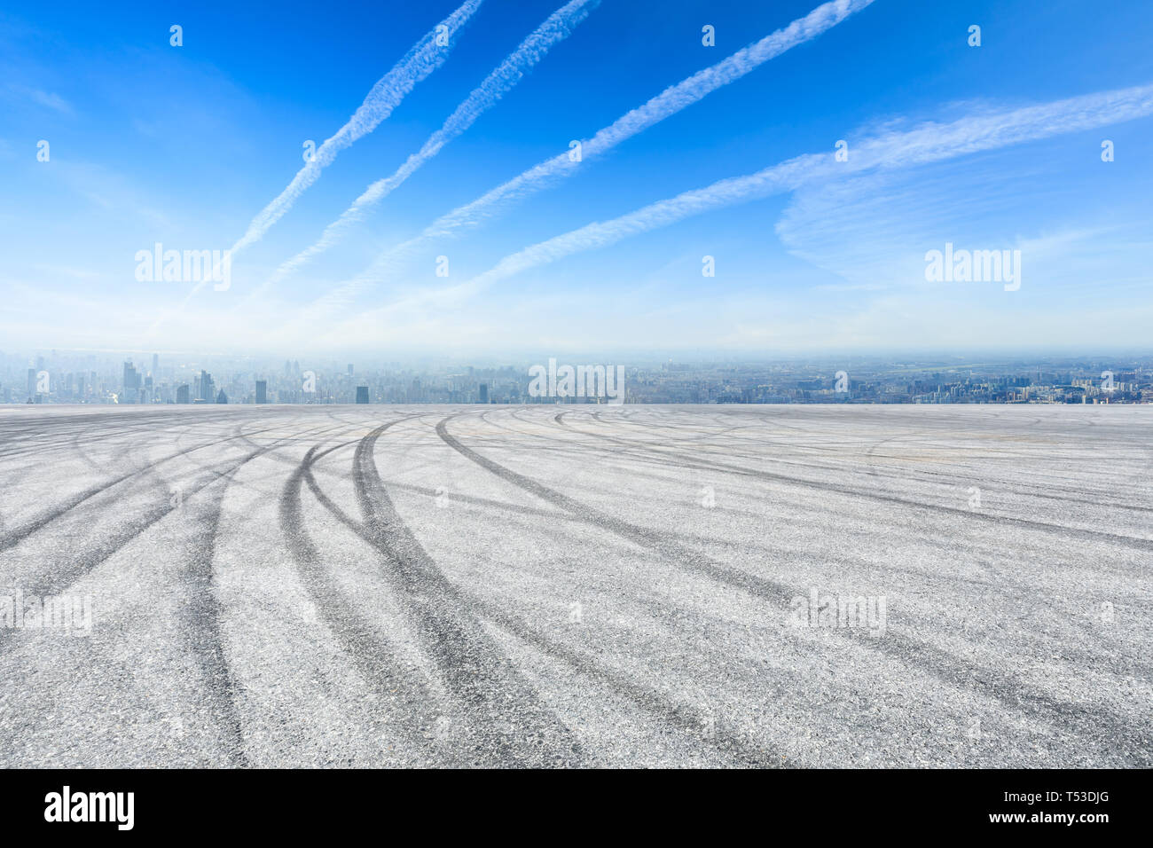 Shanghai city skyline and asphalt race track ground scenery,high angle ...