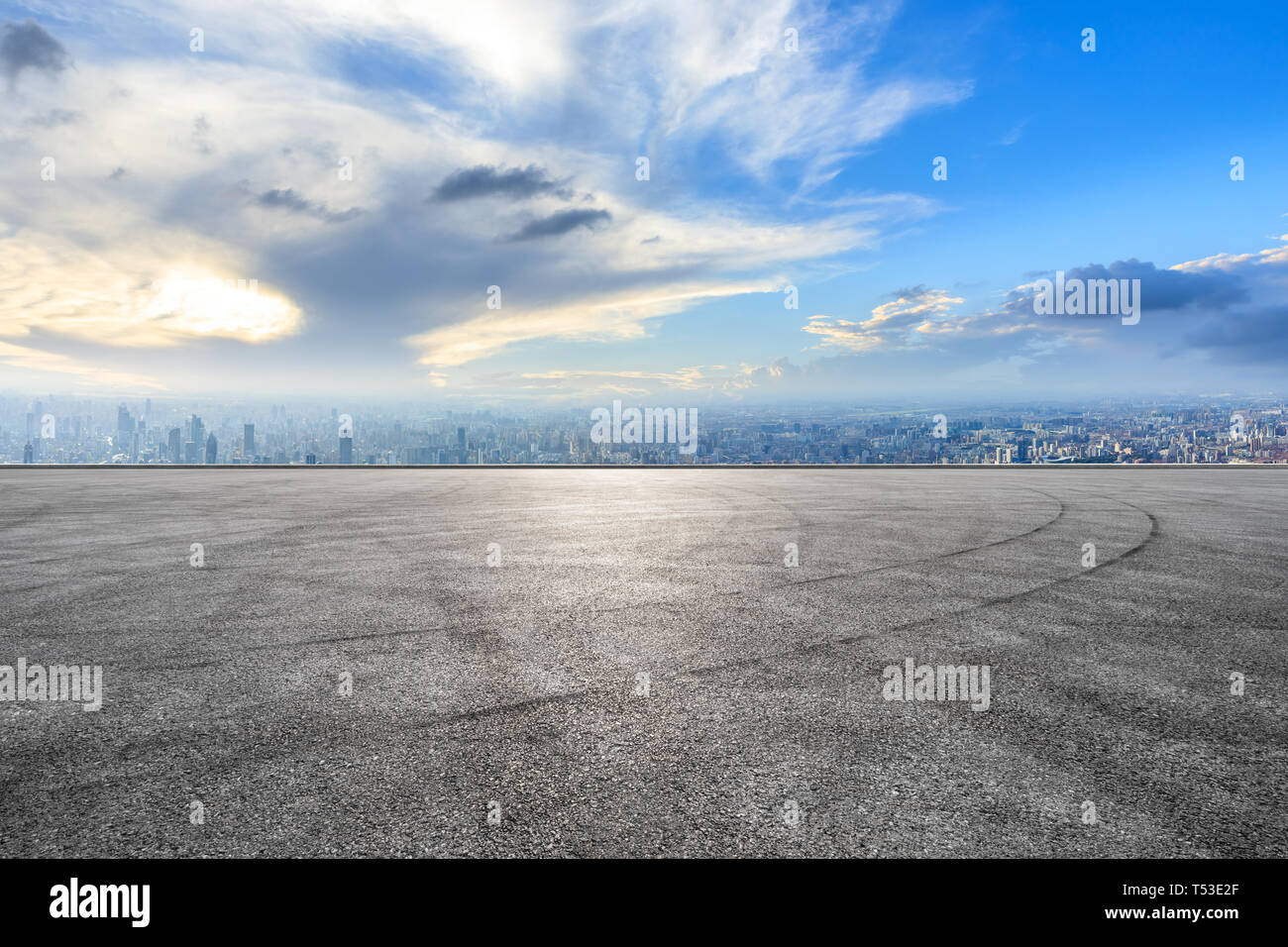 Shanghai city skyline and asphalt race track ground scenery,high angle ...