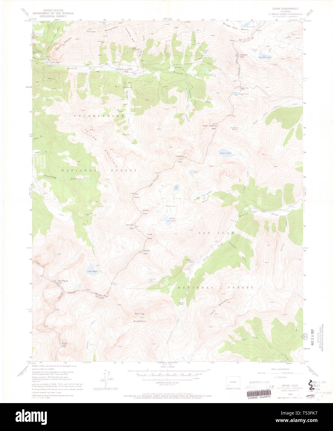 USGS TOPO Map Colorado CO Ophir 451554 1955 24000 Restoration Stock ...