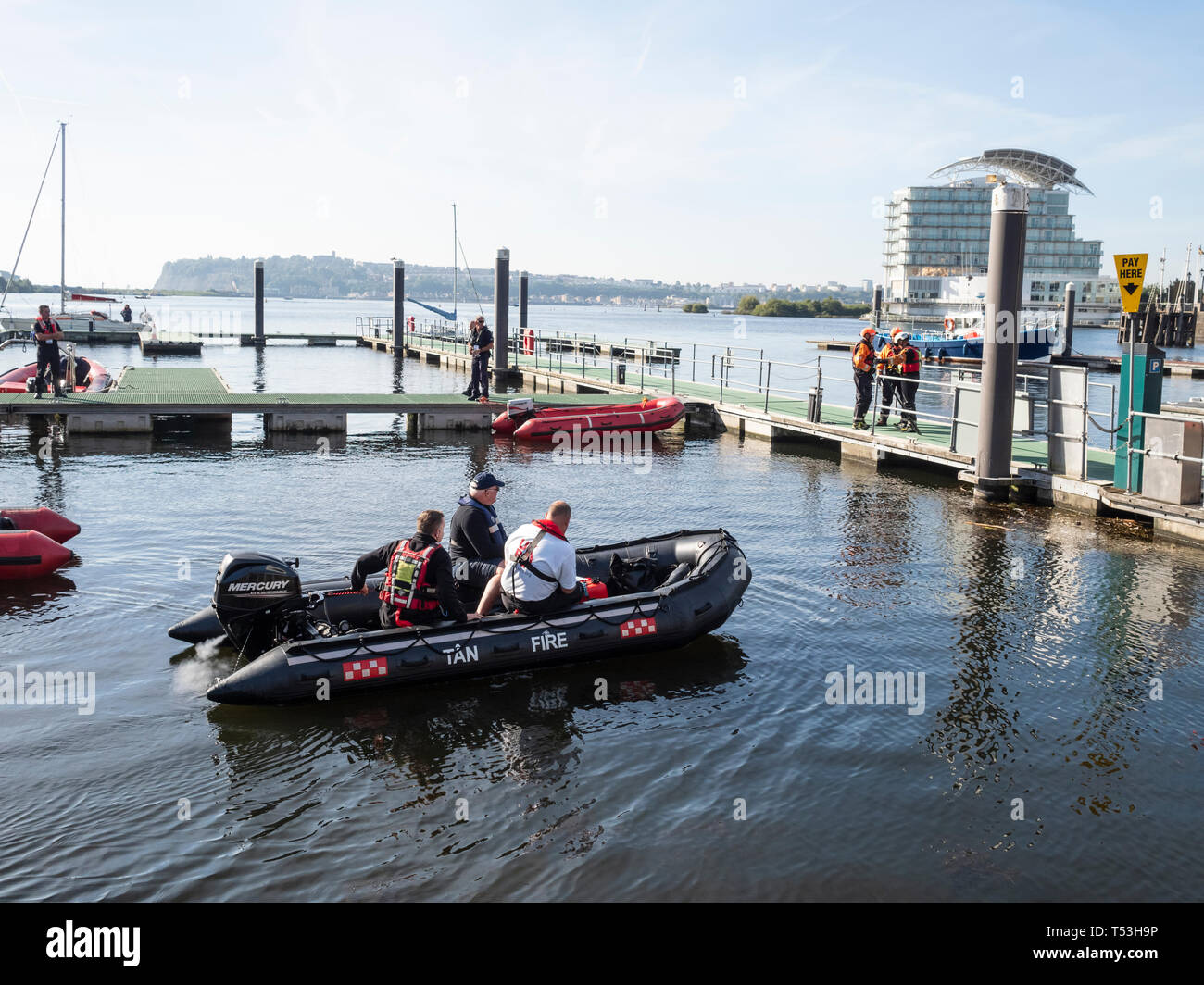 Members of the Welsh Fire and Rescue Service on exercise in Cardiff Bay ...