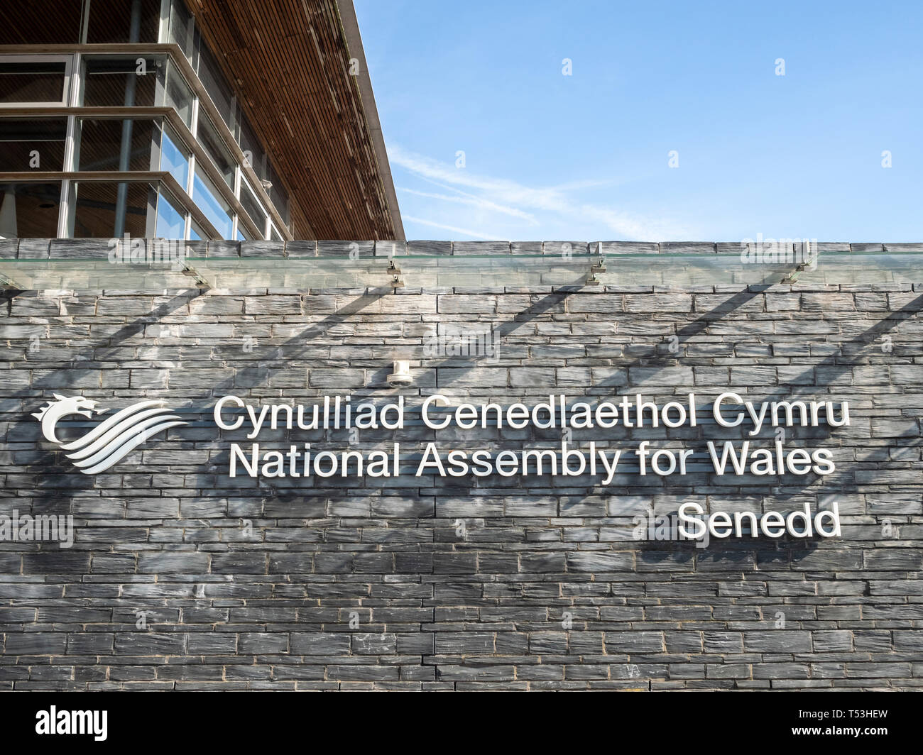 Sign on the outside of the National Assembly for Wales,Cardiff City ...