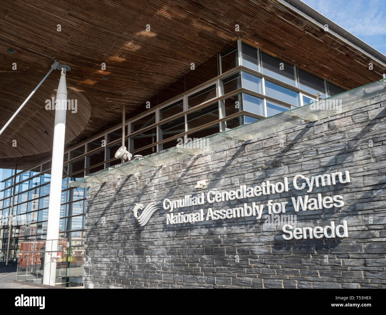 Sign on the outside of the National Assembly for Wales,Cardiff City ...