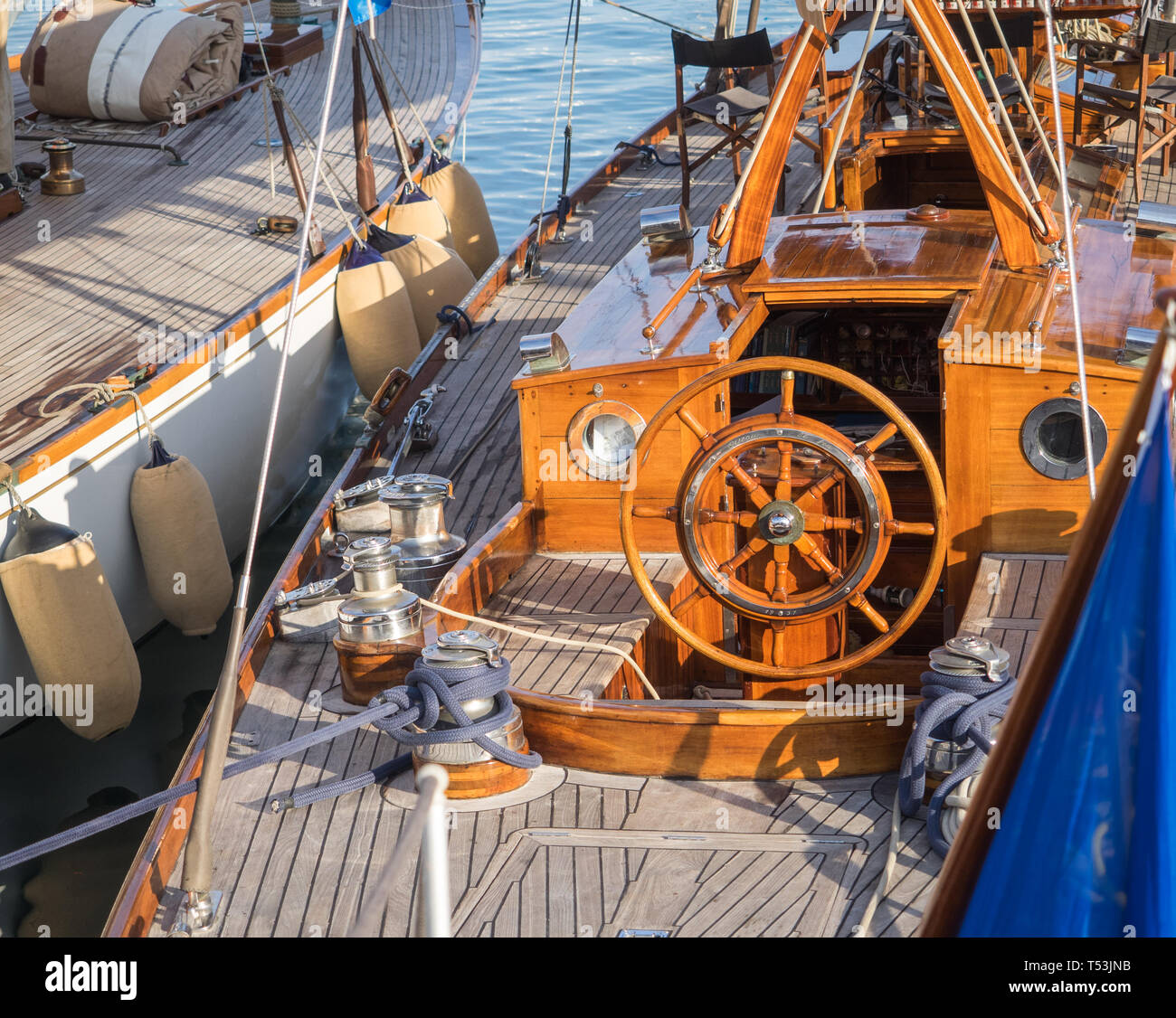 rudder and command post of an ancient sailing ship moored waiting to ...