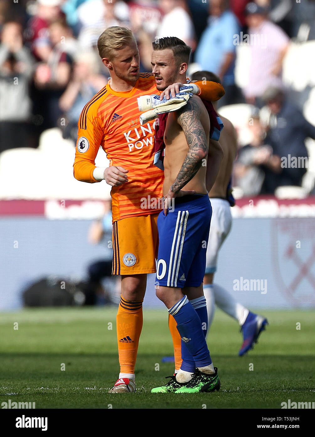 Leicester City goalkeeper Kasper Schmeichel (left) and James Maddison ...