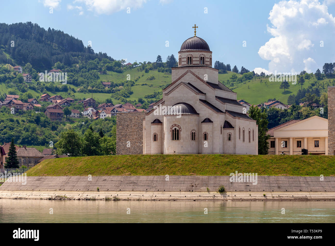 Church of Saint Lazarus from river in Visegrad, Bosnia and Herzegovina ...