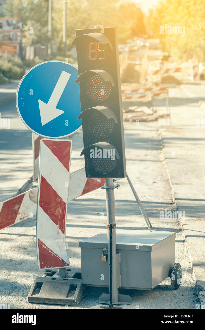 Temporary transportable roadworks traffic signal system at road works ...