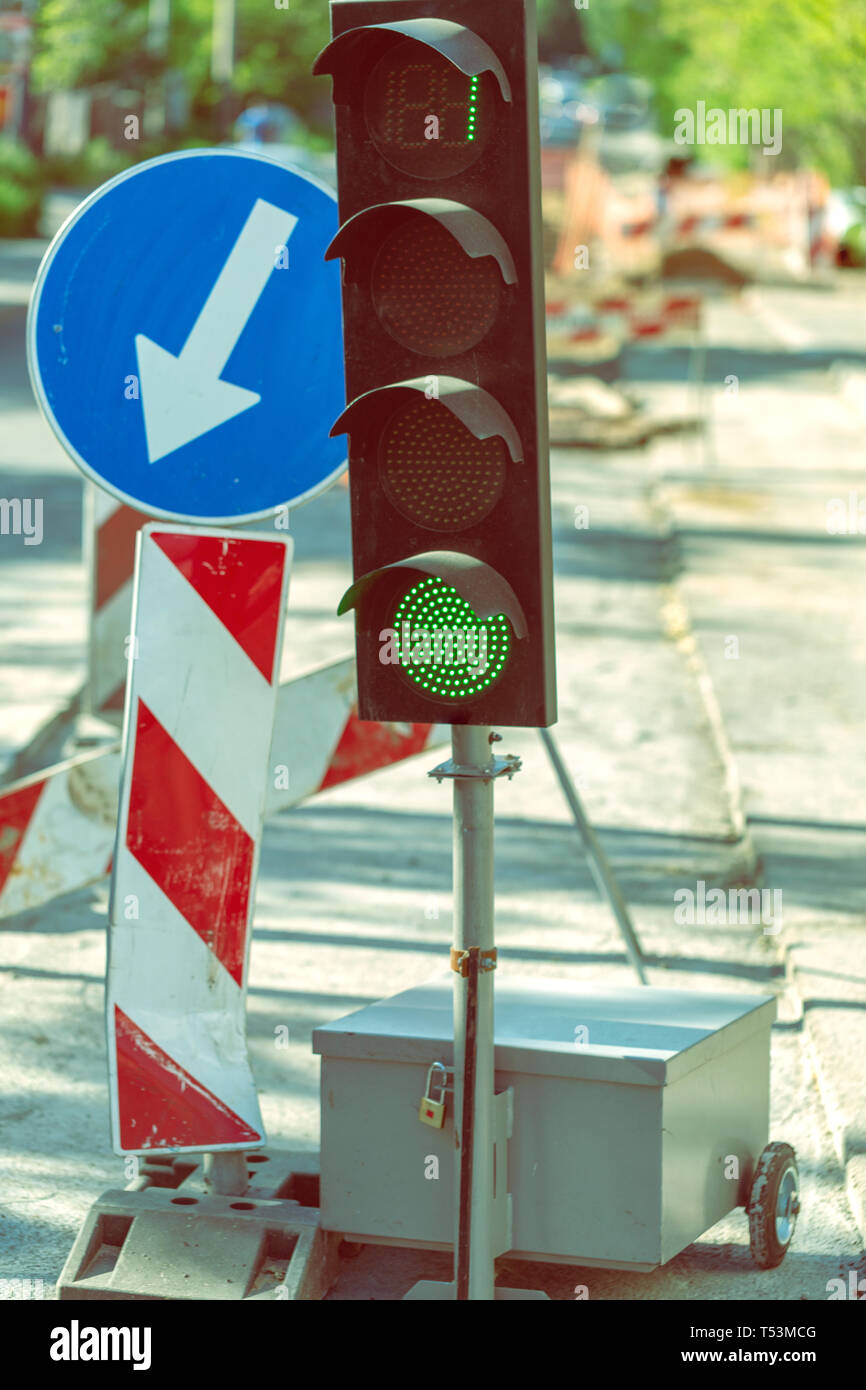 Temporary transportable roadworks traffic signal system at road works ...