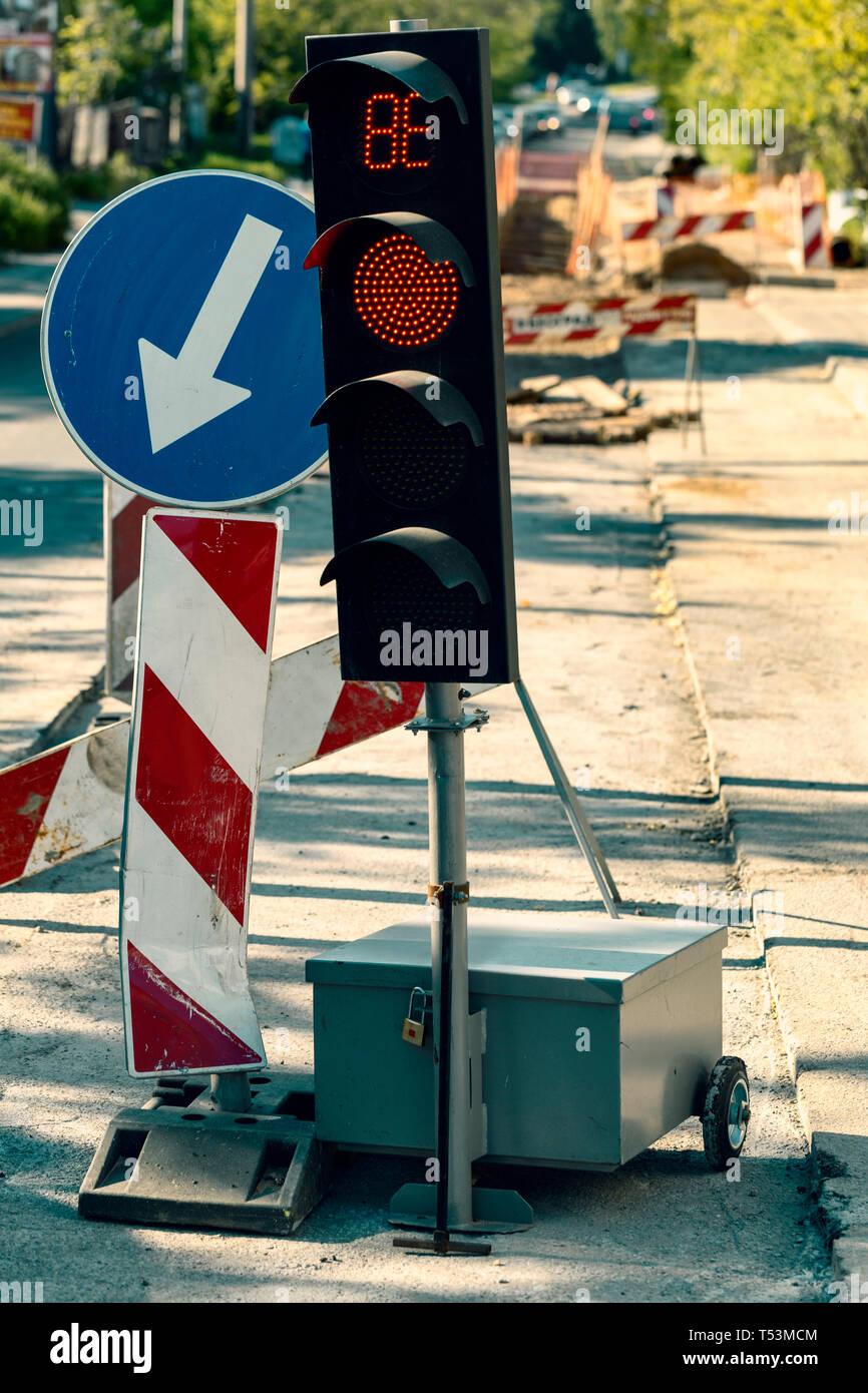 Temporary transportable roadworks traffic signal system at road works ...