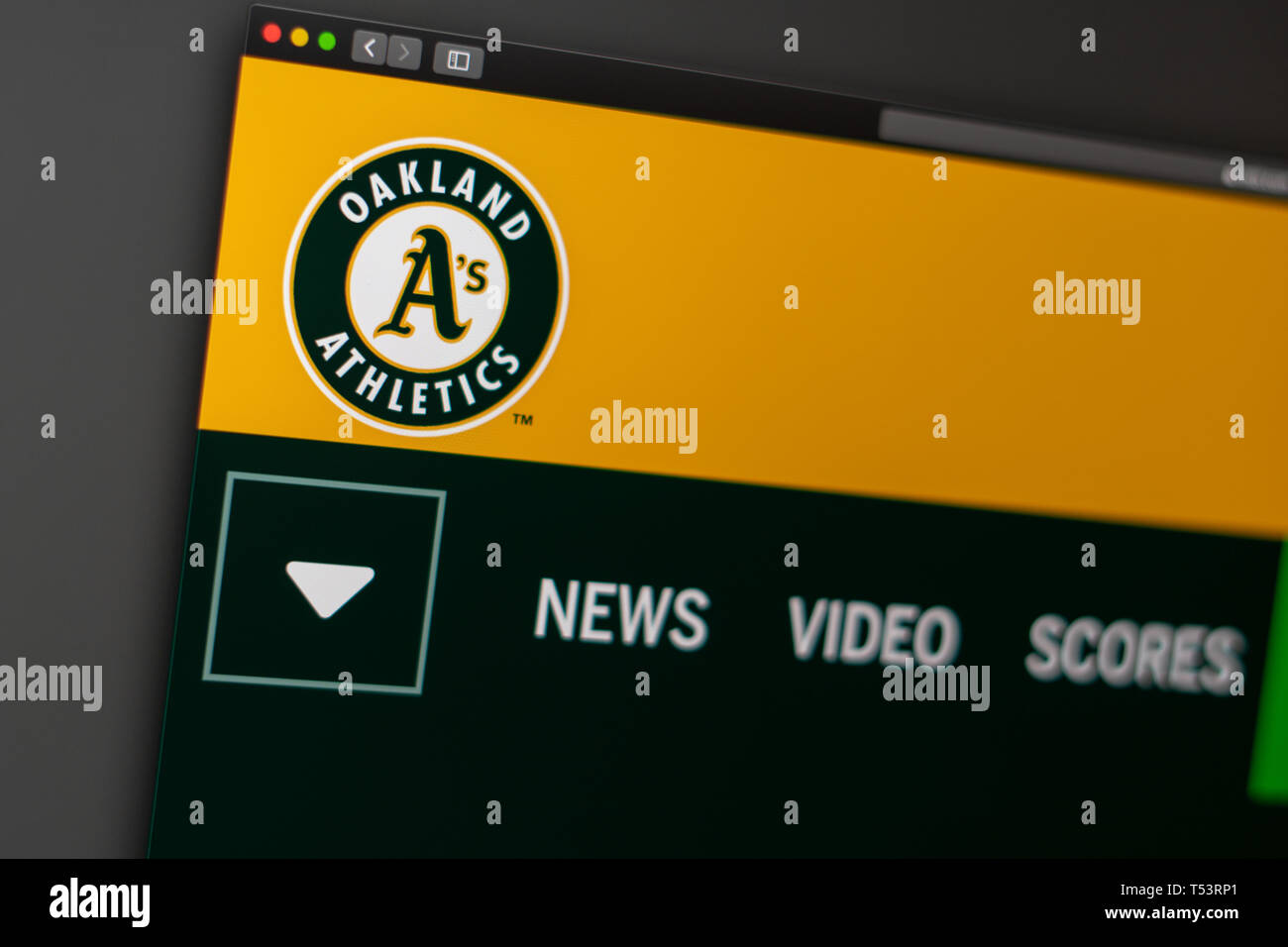 Baseball team Oakland Athletics website homepage. Close up of team logo ...