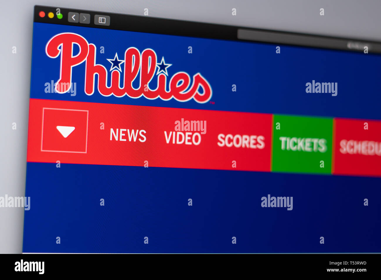 Baseball team Philadelphia Phillies website homepage. Close up of team ...