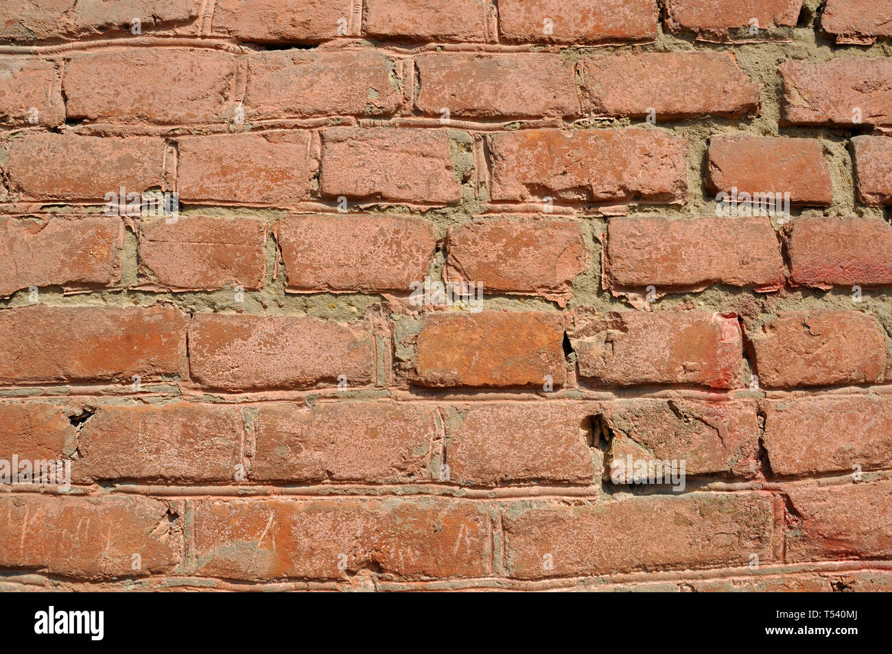 Old flaky red brick wall with cracks and scratches Stock Photo - Alamy
