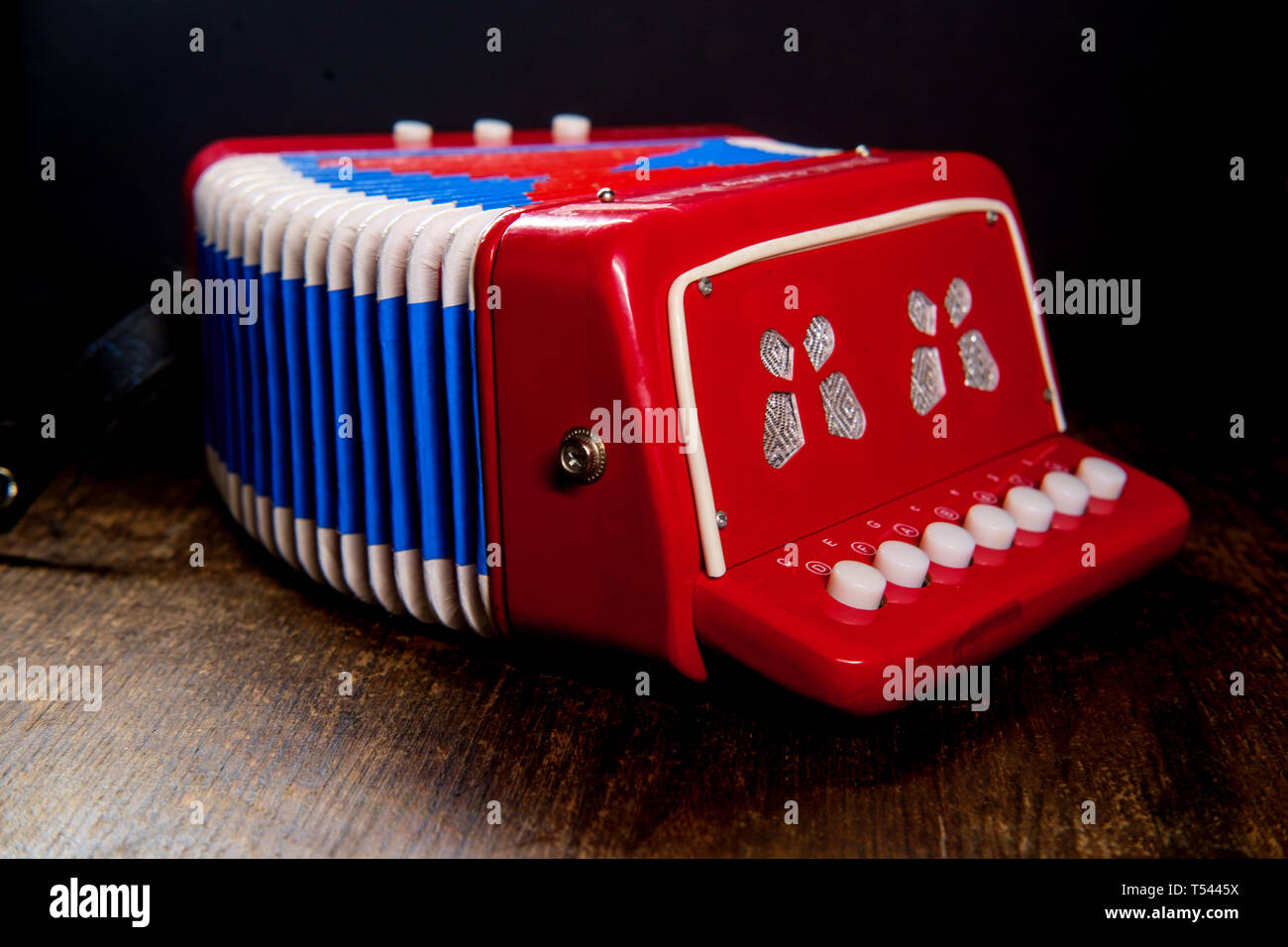 Vintage kids toy musical instrument accordian with dark moody lighting ...