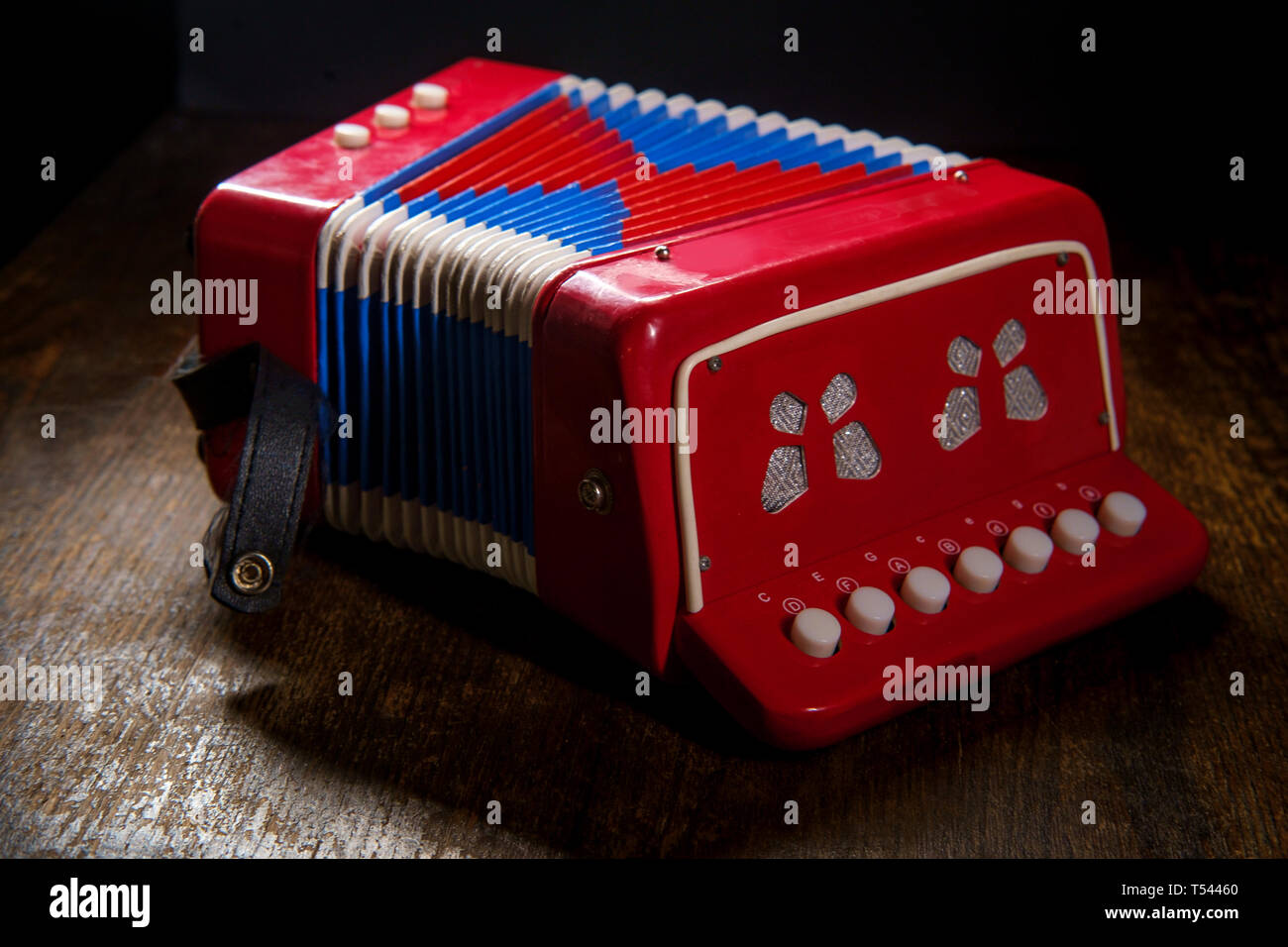 Vintage kids toy musical instrument accordian with dark moody lighting ...