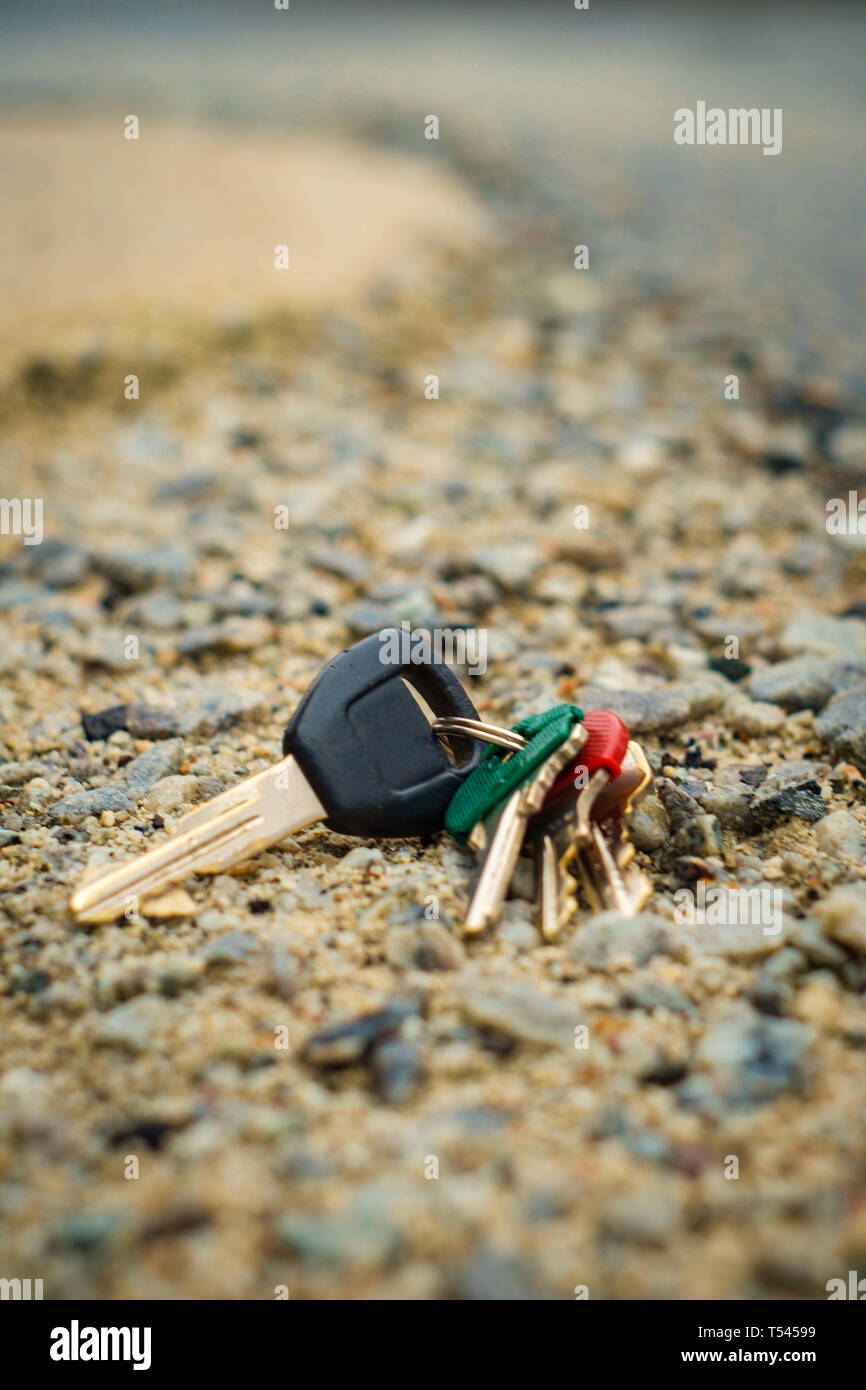 Rainy day lost car keys in wet parking lot pavement Stock Photo - Alamy