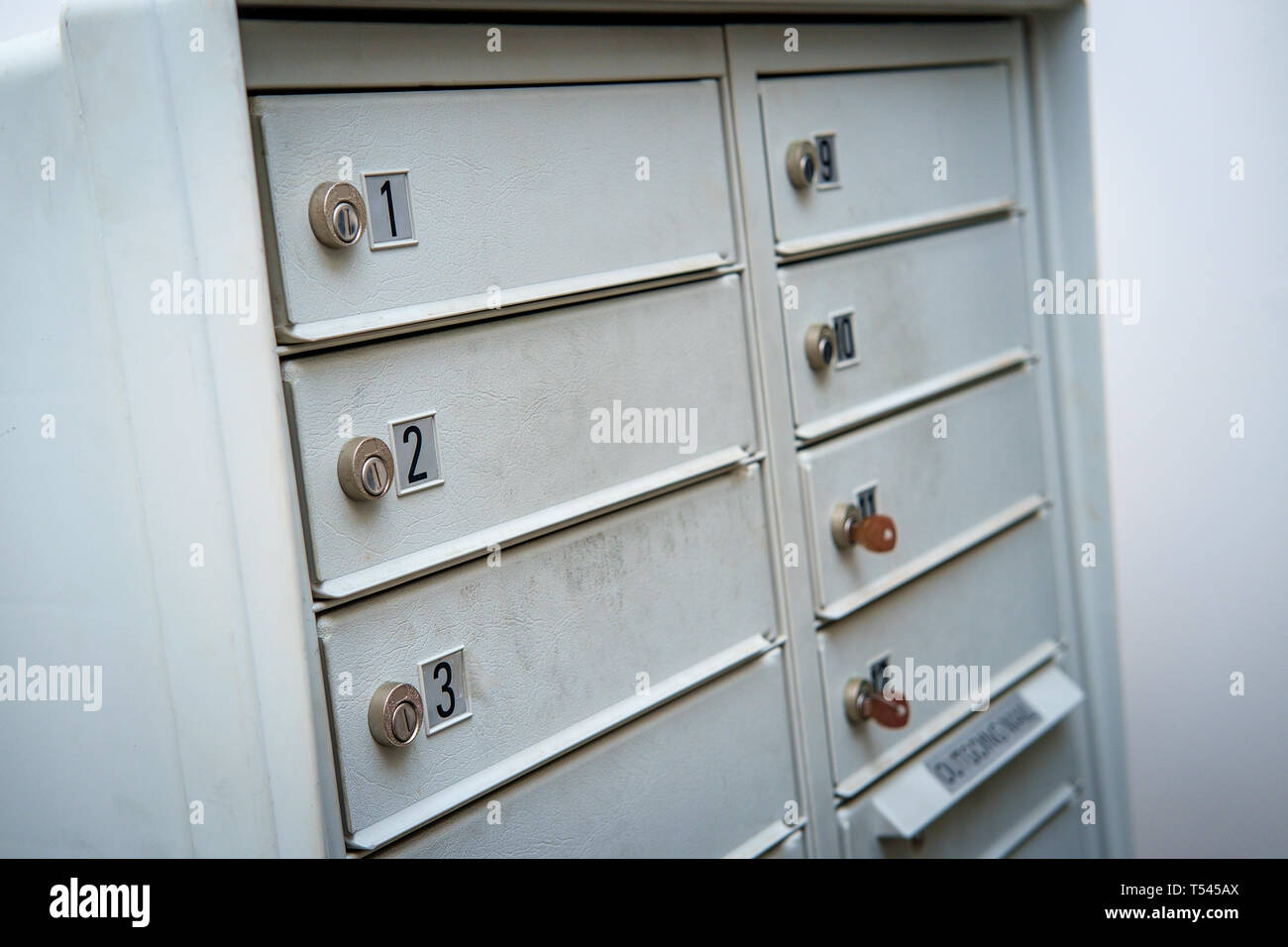Old worn apartment mail boxes with numbers and keys Stock Photo - Alamy