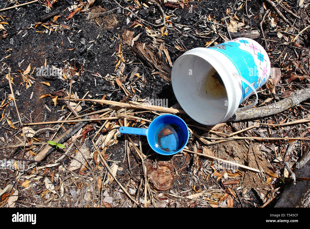 a blue and white plastic water ladle and bucket left on the ground ...