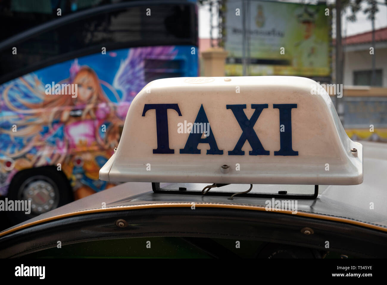 Thailand, Bangkok, Thanon Phra Phipit, sign of tuk tuk taxi parked on ...