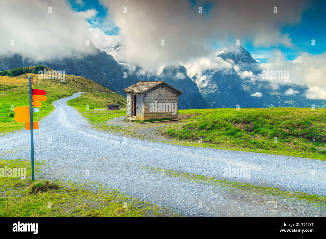 Summer hiking places in mountains. Modern colorful hiking trail sign ...