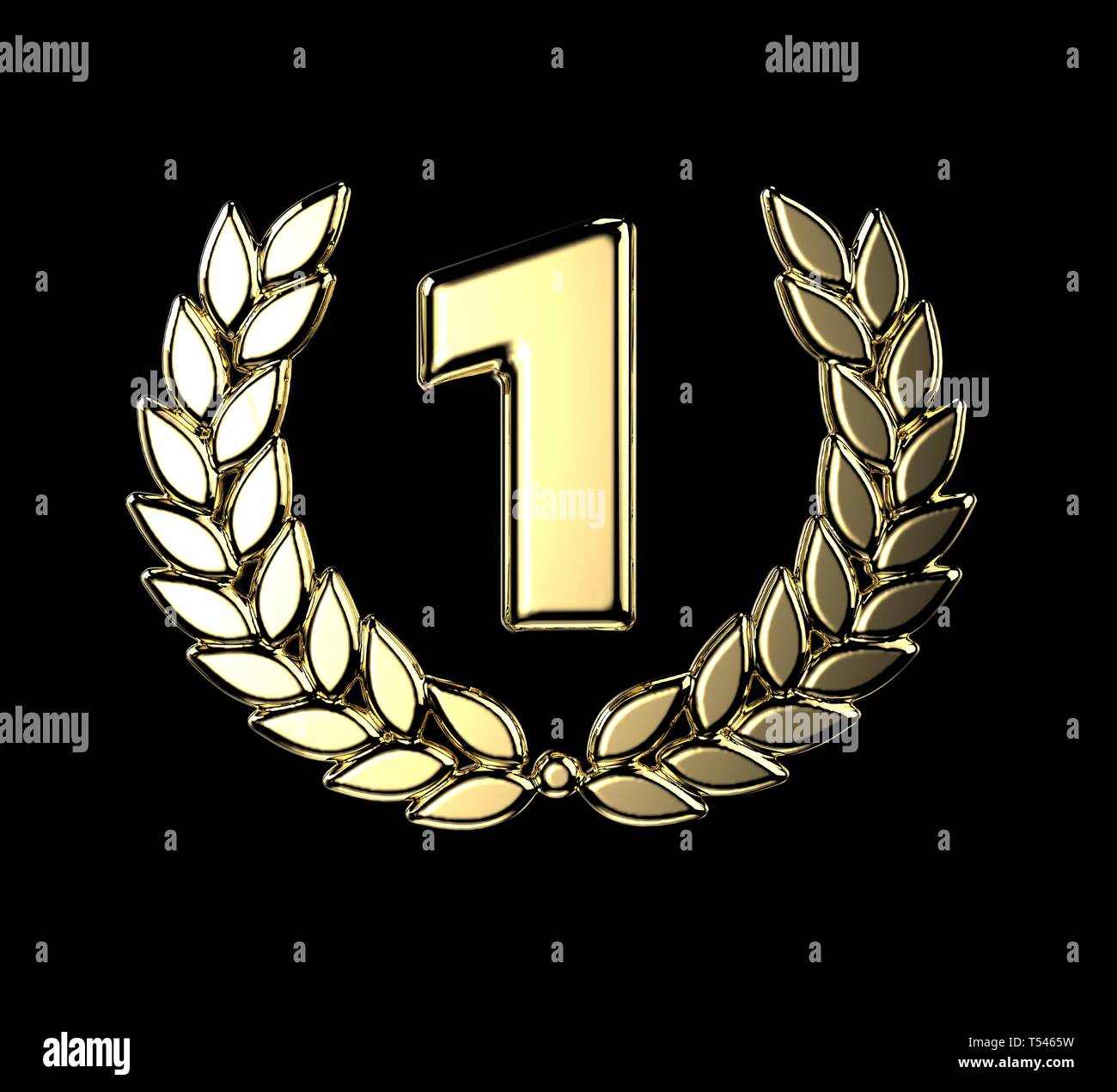 Golden laurel with number one isolated on black background. Light from ...