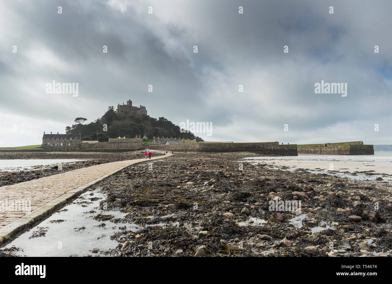The causeway to St Michael's Mount, uncovered by the tide, Cornwall ...