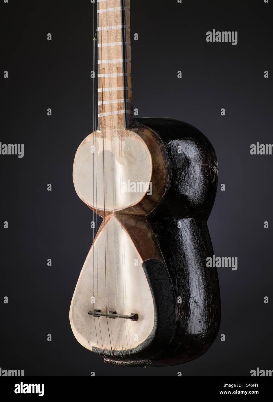 part ancient Asian stringed musical instrument on black background with ...