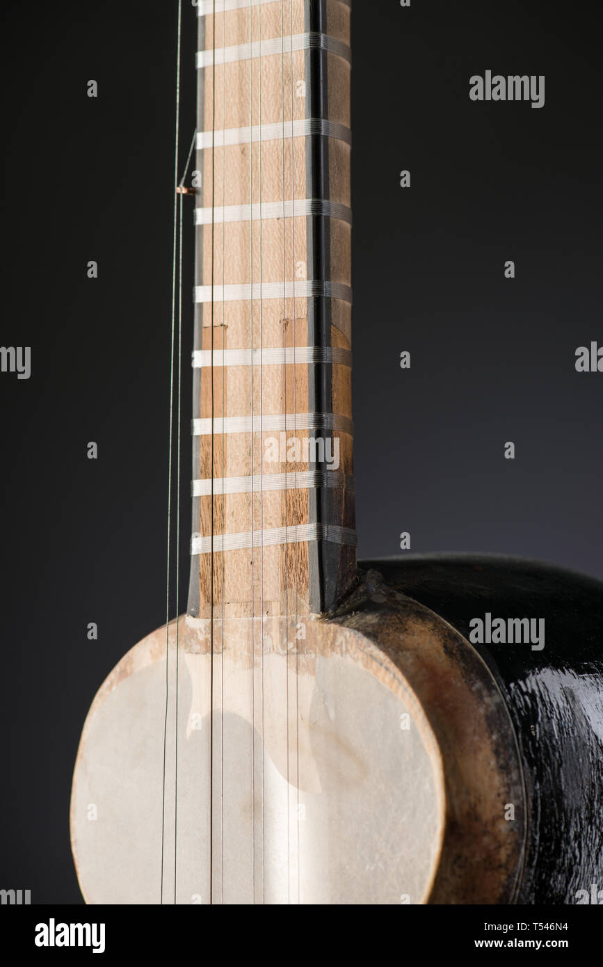 part ancient Asian stringed musical instrument on black background with ...