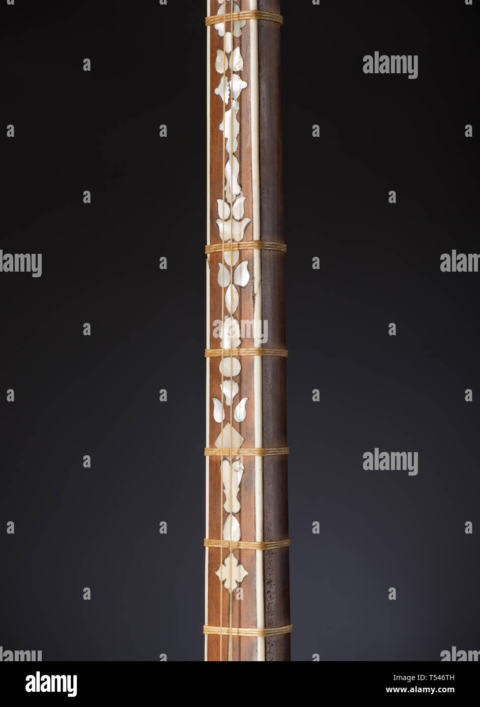 ancient Asian stringed musical instrument on black background with ...