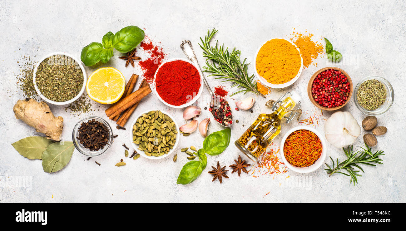 Set of various spices and herbs top view Stock Photo - Alamy