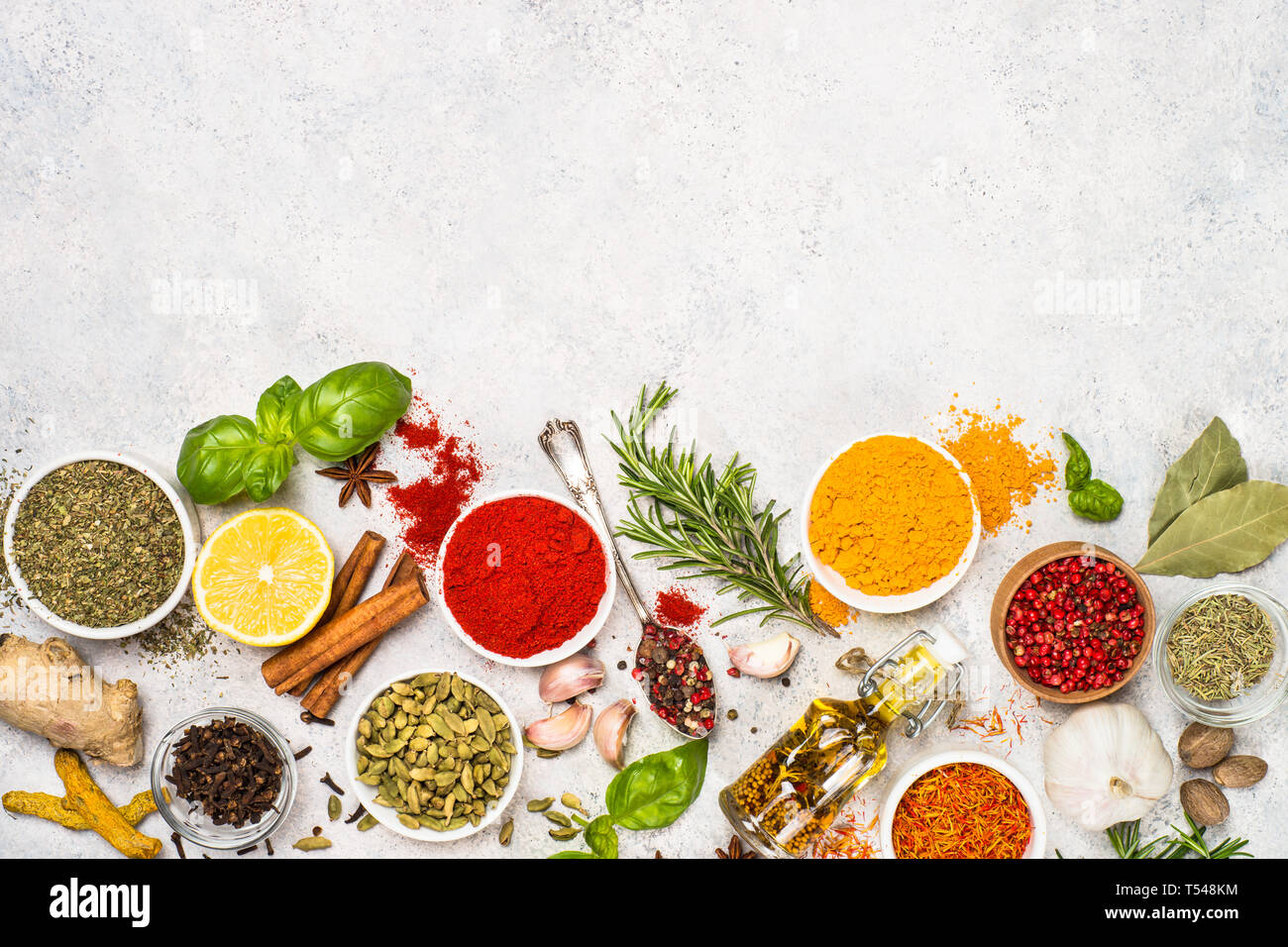 Set of various spices and herbs top view Stock Photo - Alamy