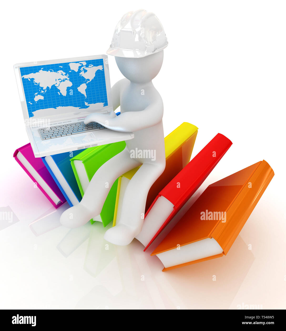 3d man in hard hat sitting on books and working at his laptop on a ...