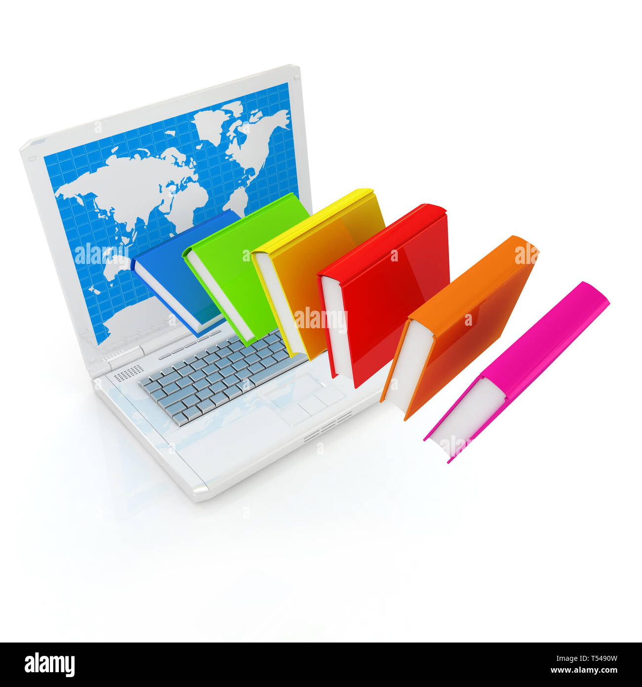 Colorful books flying and laptop on a white background Stock Photo - Alamy