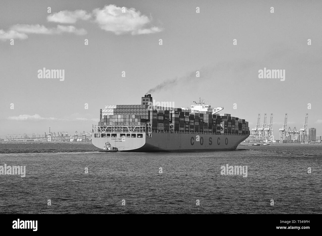 Black And White Photo Of The Fully Loaded COSCO Shipping, Container ...