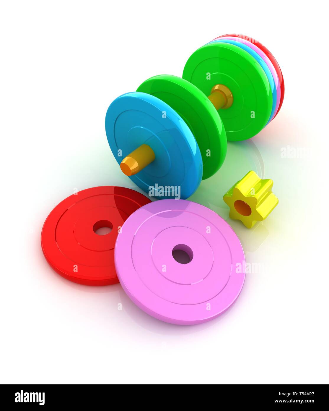 Colorful dumbbells are assembly and disassembly on a white background ...