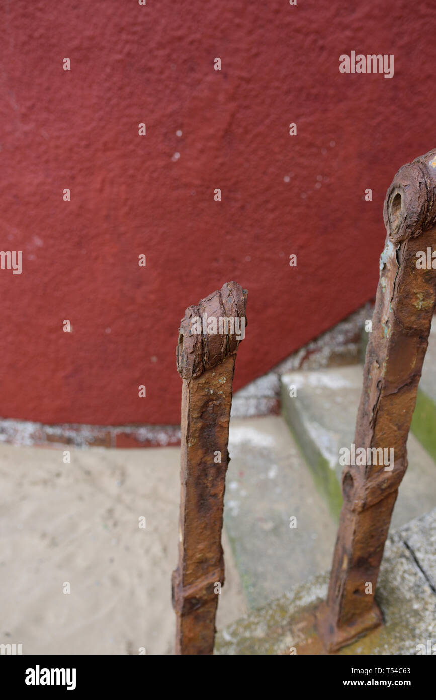 Rusty steel guard rail uprights, missing handrail in Blackpool ...