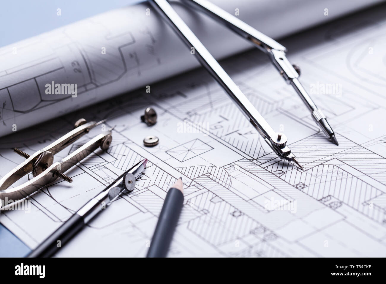 Compass on the details of the industrial drawing. architectural ...