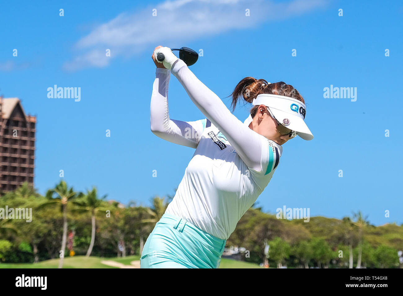 Hawaii, USA. 20th Apr, 2019. Jenny Shin hits her tee shot on the 10th ...